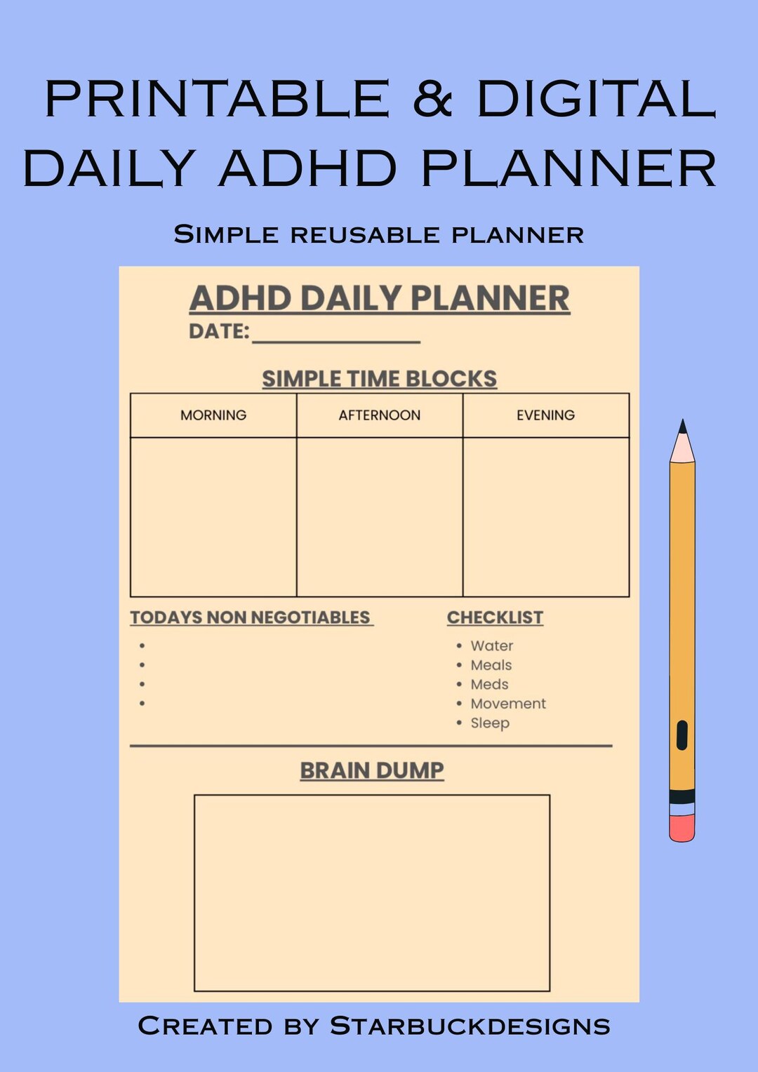 ADHD Planner Printable | One Page Daily Organizer | Dopamine Menu ...