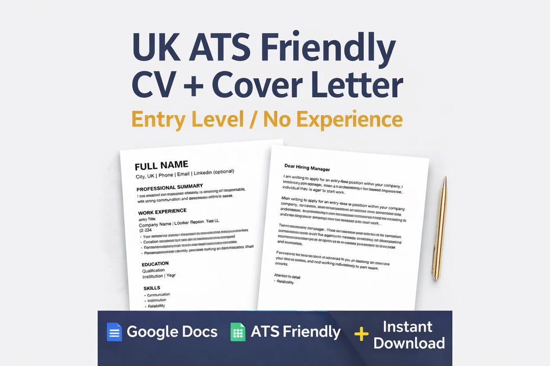 UK ATS Friendly CV and Cover Letter Template Entry Level No Experience ...