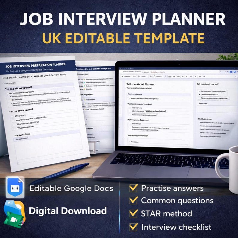 UK Job Interview Planner | Questions, Answers & Checklist (digital ...