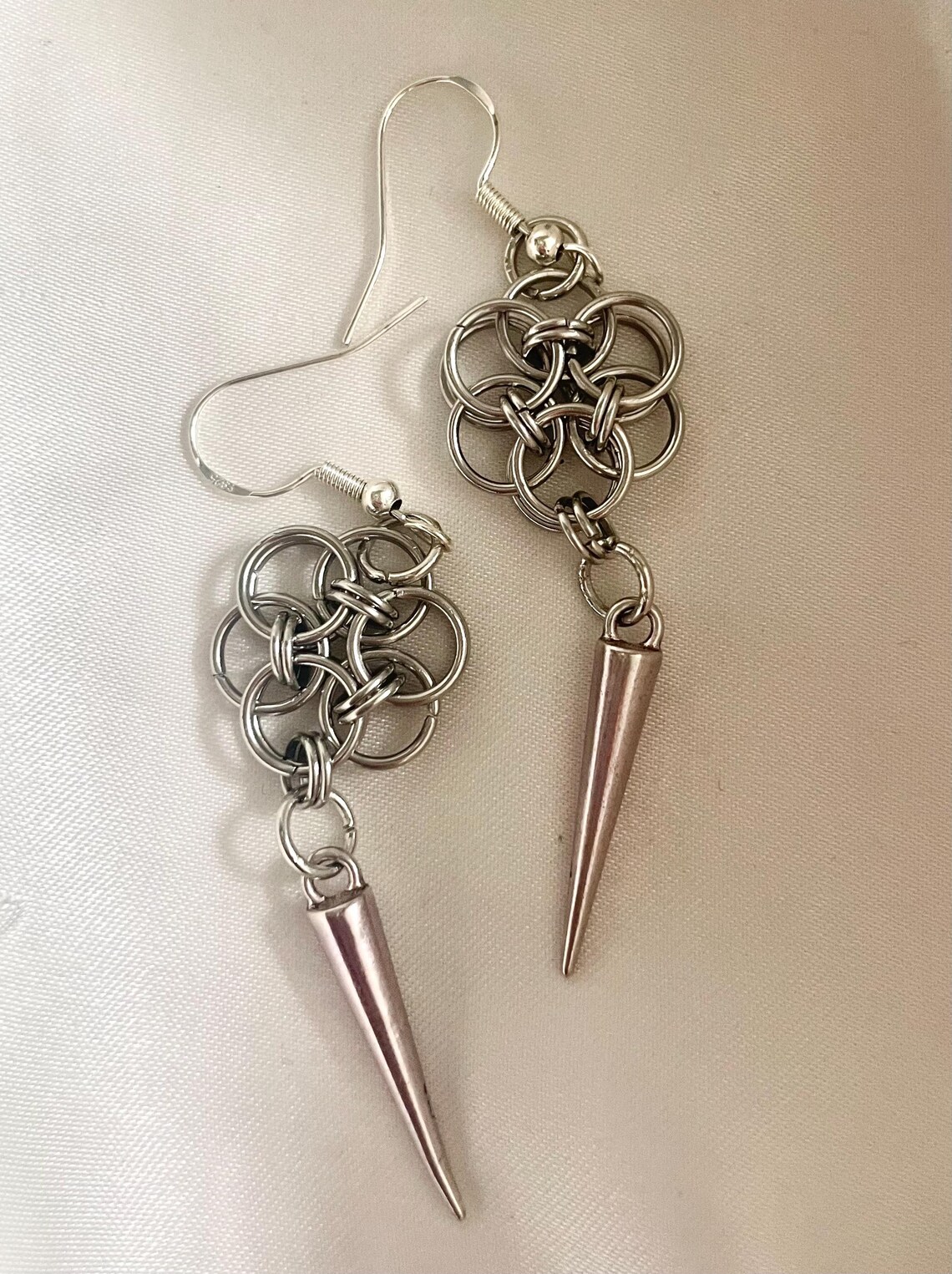 Medievel Gothic Style Flower Chainmail Drop Earrings - Silver, Spikes ...