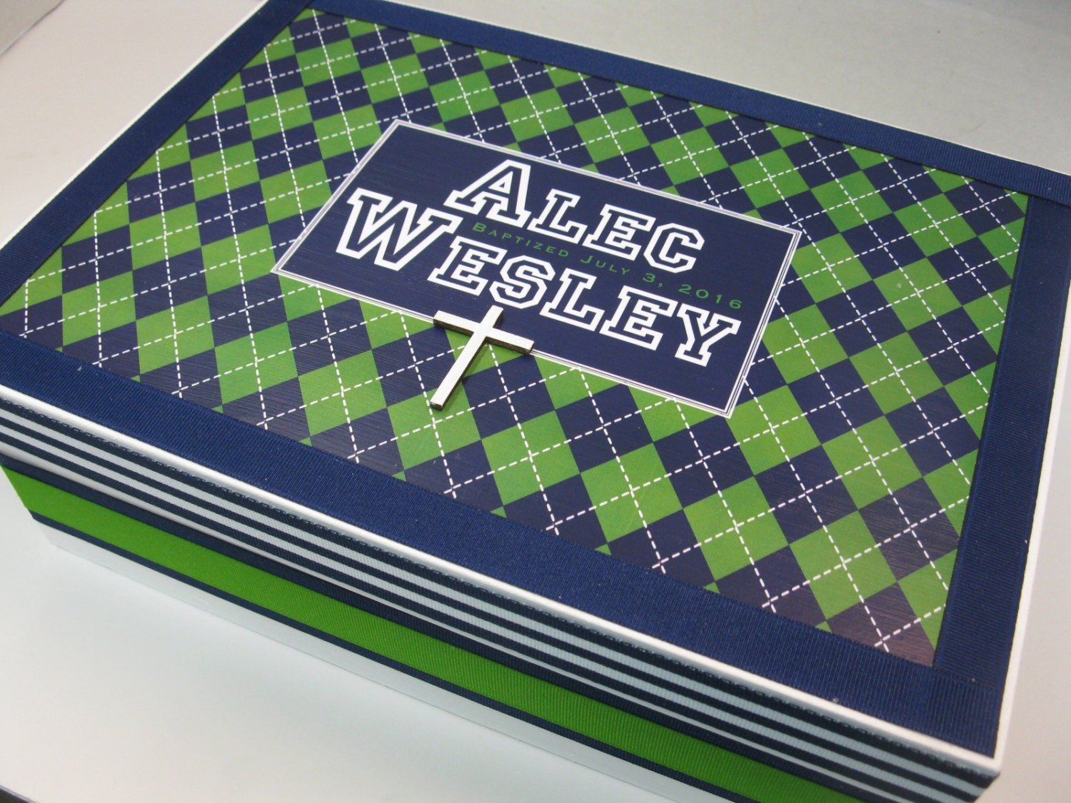Argyle Boy Baptism/christening Keepsake Box- Navy Blue and Green - Etsy