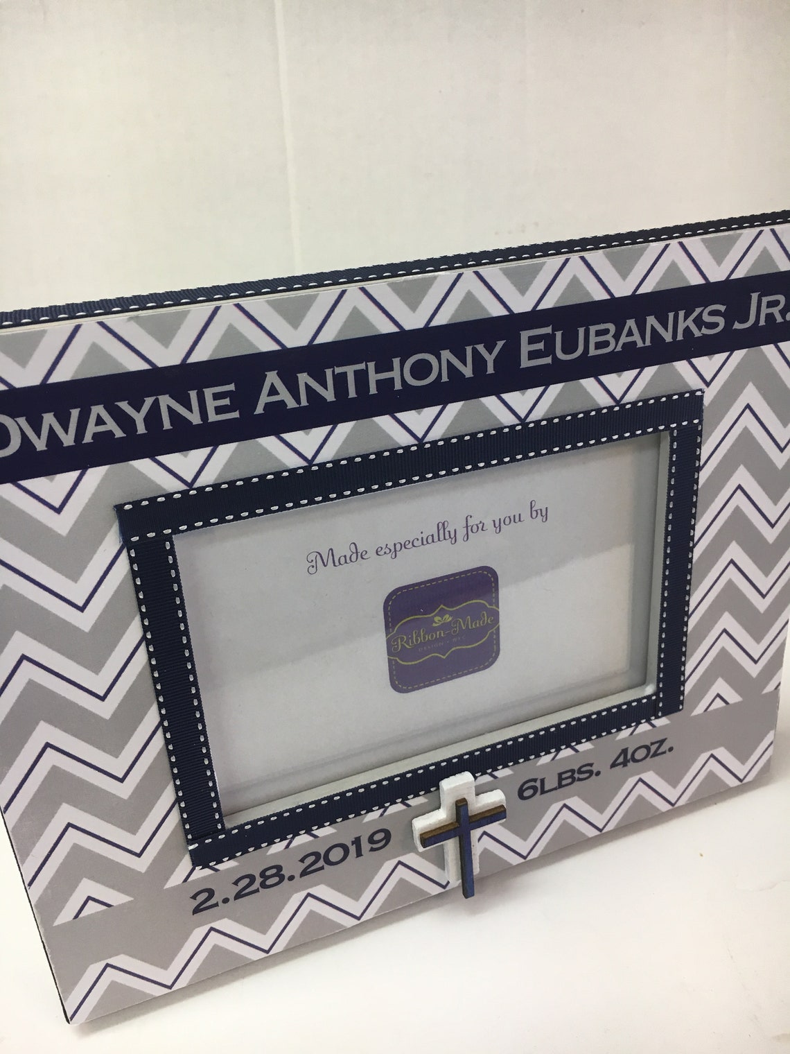 Boys Gray and Navy Blue Chevron Holy Cross Keepsake- GIFT SET Frame and ...
