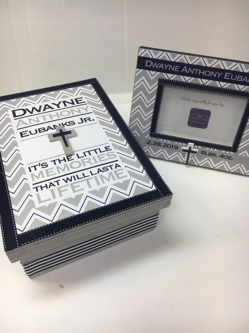 Boys Gray and Navy Blue Chevron Holy Cross Keepsake- GIFT SET Frame and ...