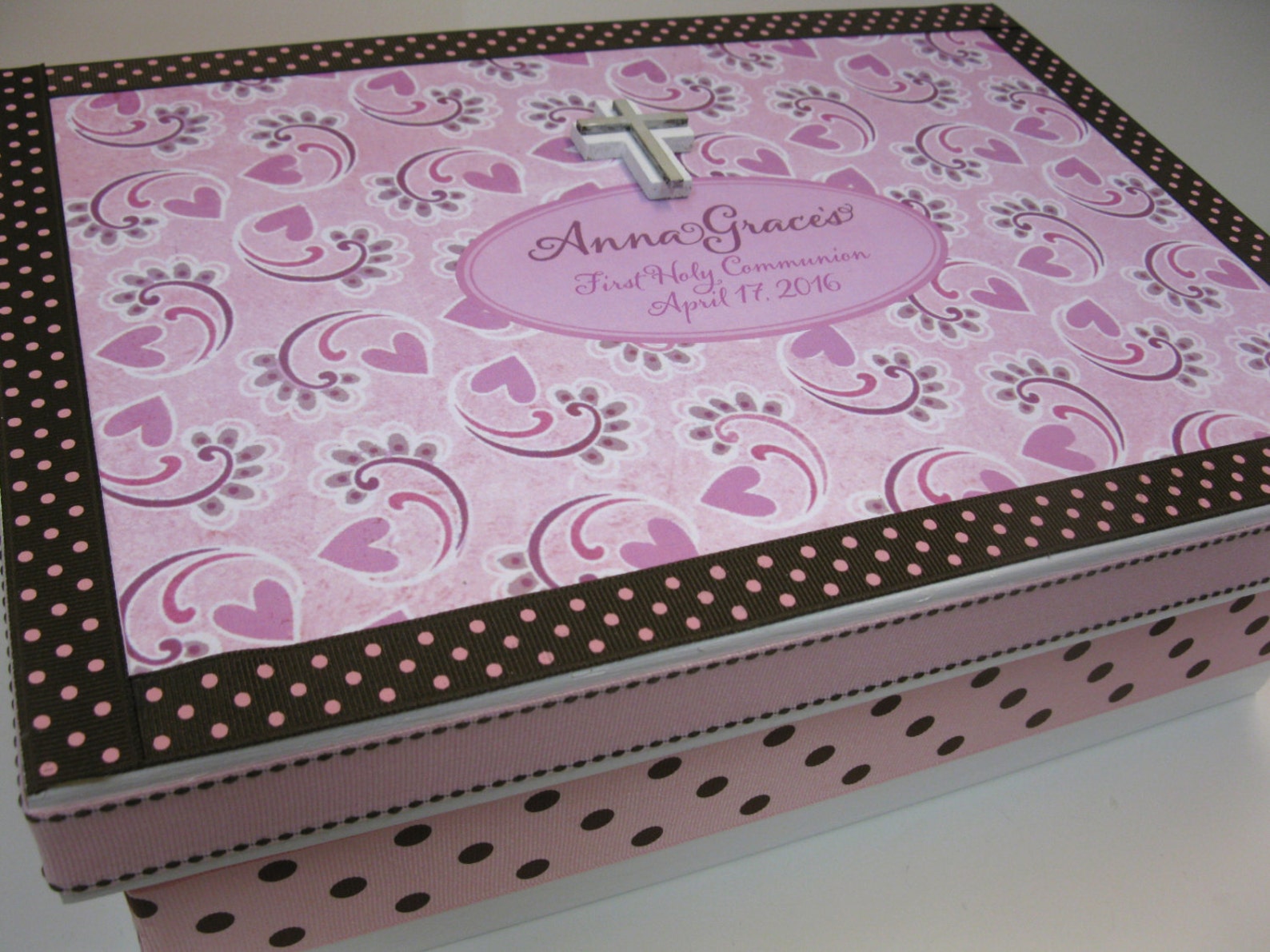 1st Communion Keepsake Box - Pinksand Lavenders, Brown and White ...
