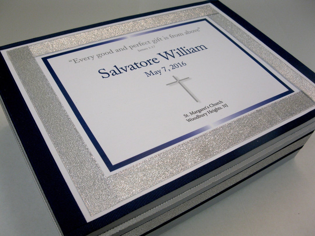 Boy Baptism/christening With Cross Keepsake Box Navy and Gray and ...