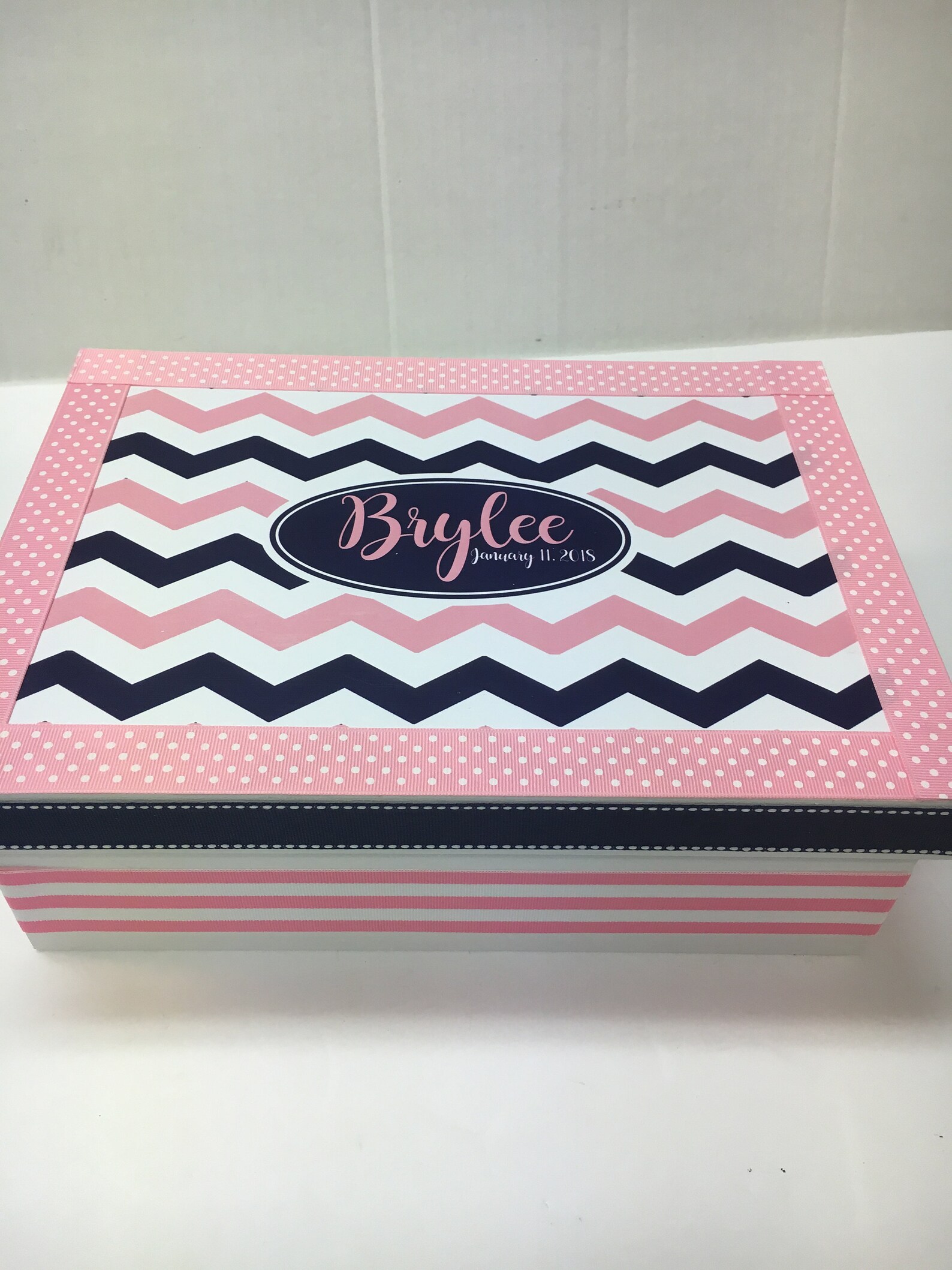 Girl's Pink and Navy Blue Chevron Keepsake Box Personalized - Etsy