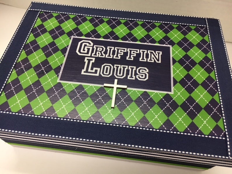 Argyle Boy Baptism/christening Keepsake Box- Navy Blue and Green - Etsy