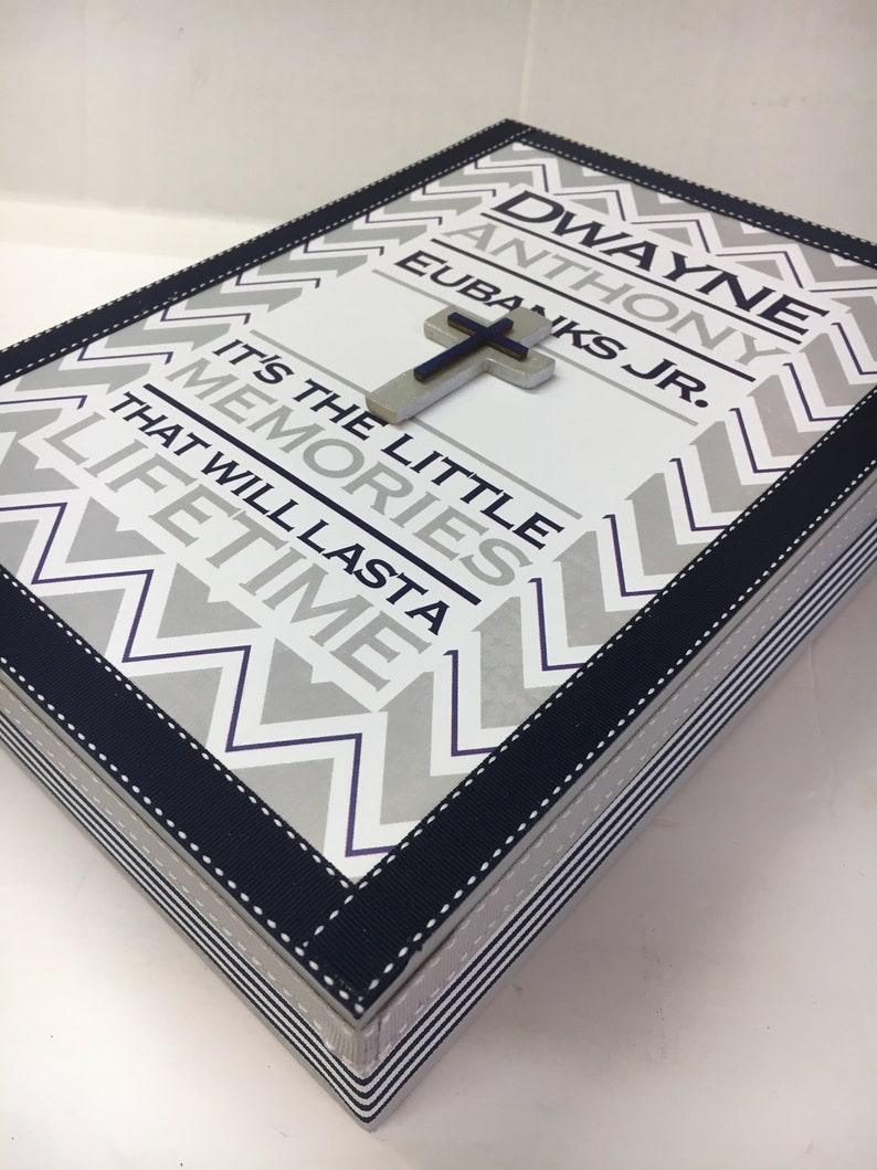 Boys Gray and Navy Blue Chevron Holy Cross Keepsake- GIFT SET Frame and ...