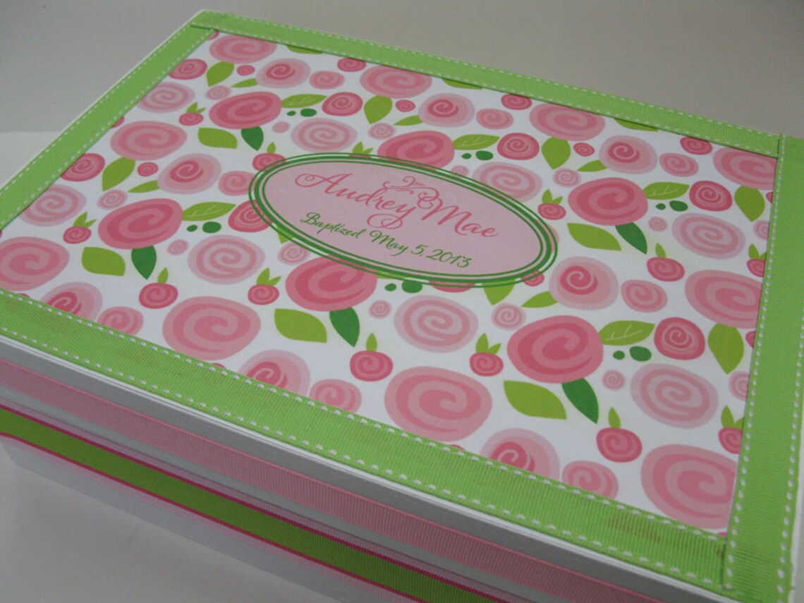 Girl Keepsake Box/ Baptism or Christening Pink and Green - Etsy