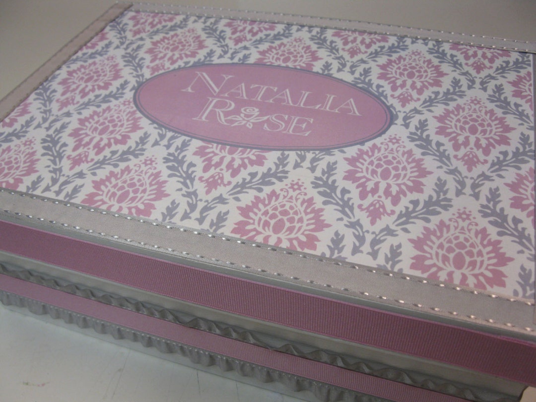 Girl's Keepsake Box Personalized Pink and Gray Damask - Etsy