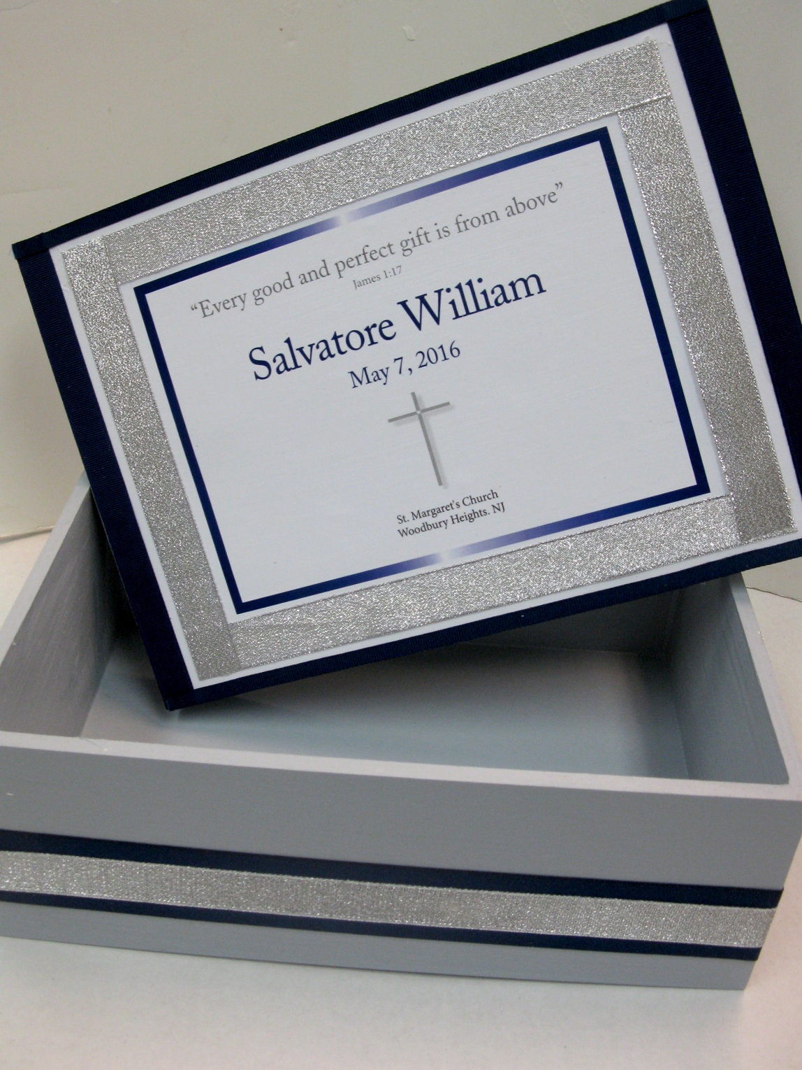 Boy Baptism/Christening with cross Keepsake Box Navy and Gray | Etsy