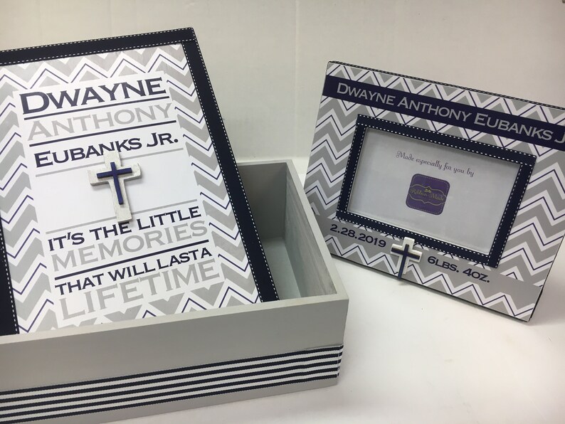 Boys Gray and Navy Blue Chevron Holy Cross Keepsake- GIFT SET Frame and ...