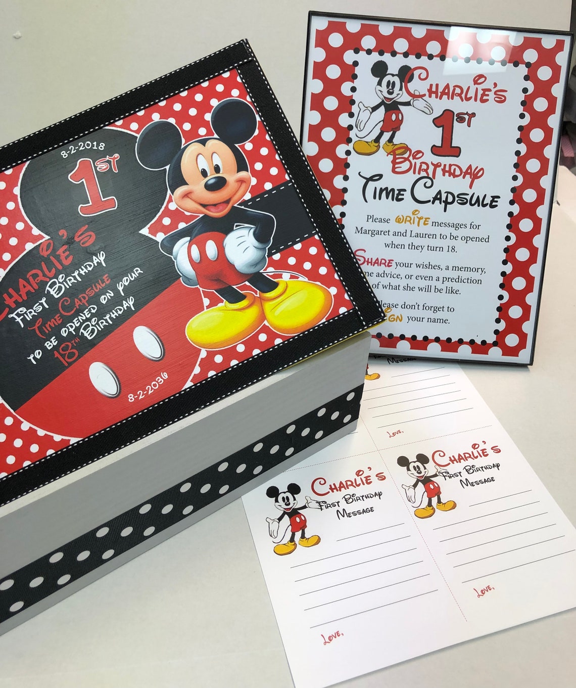 Mickey First Birthday Time Capsule With Framed Instructions and Cards ...