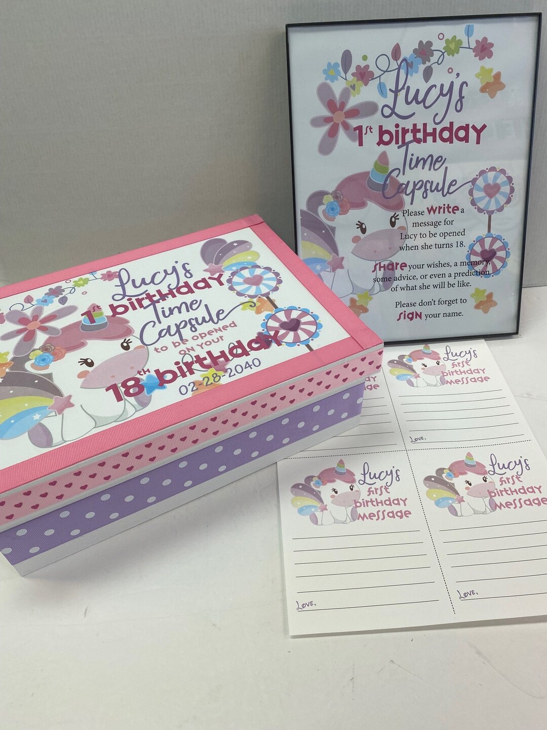 Unicorn First Birthday Time Capsule With Framed Instructions and Cards ...