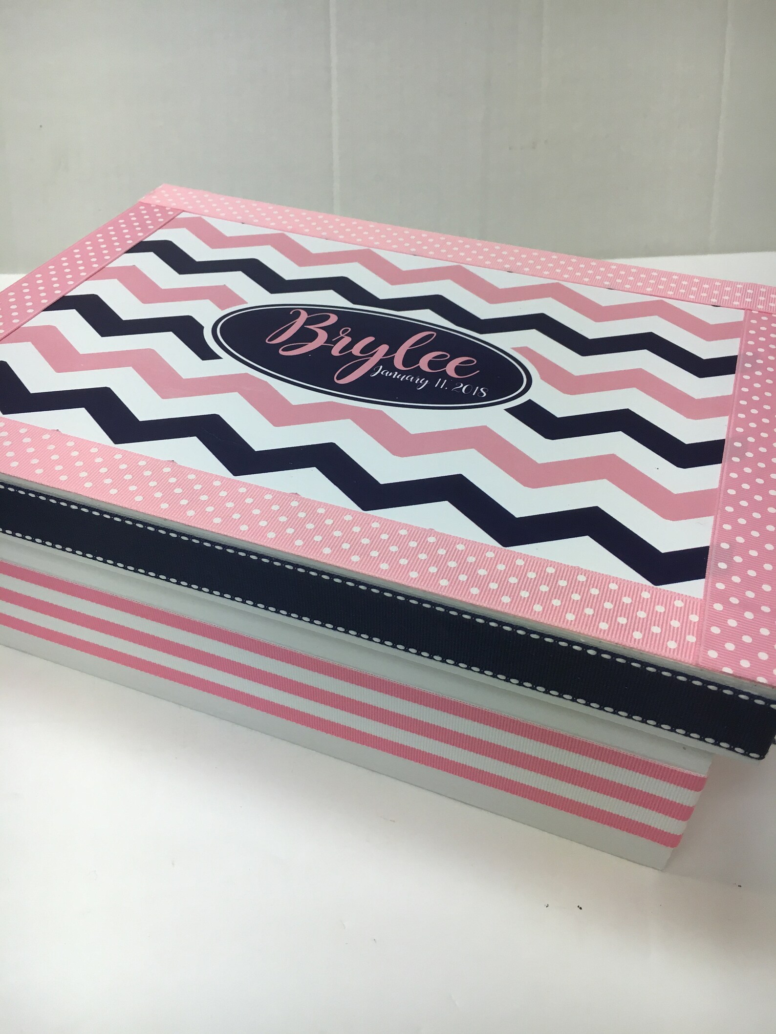 Girl's Pink and Navy Blue Chevron Keepsake Box Personalized - Etsy