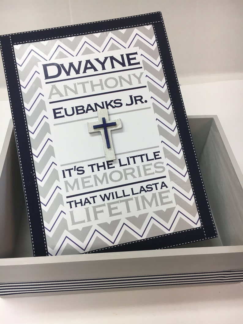 Boys Gray and Navy Blue Chevron Holy Cross Keepsake- GIFT SET Frame and ...