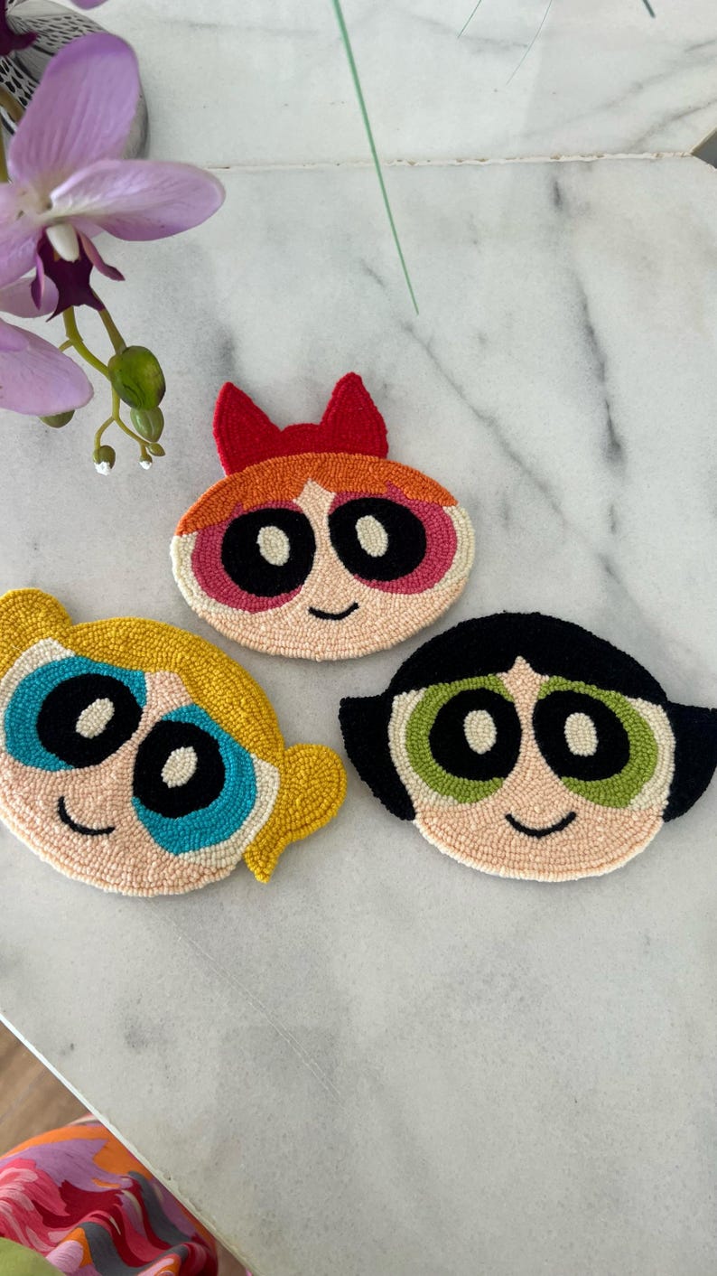 Handmade Powerpuff Girls Coaster: Punch Needle Mug Rug, Valentine Day ...