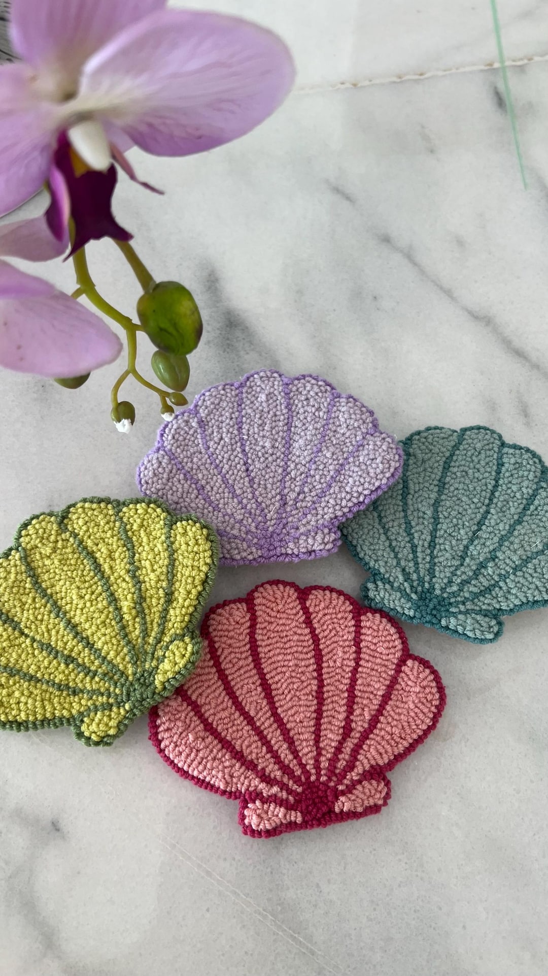 Handmade Seashell Coaster Set: Punch Needle Coastal Decor, Mug Rug ...