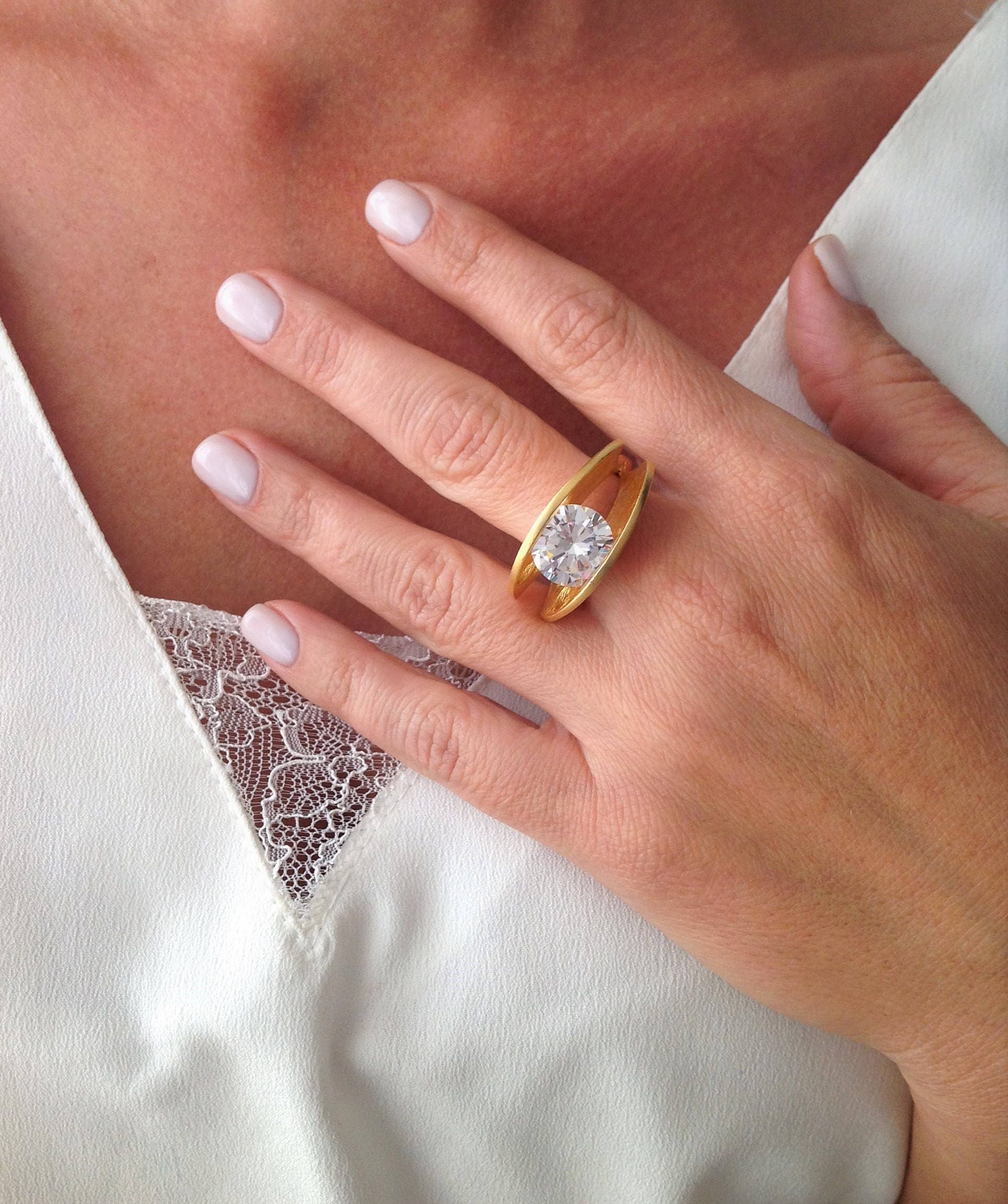 Unique Gemstone Ring. CZ Wedding Ring. 14K Gold Engagement | Etsy