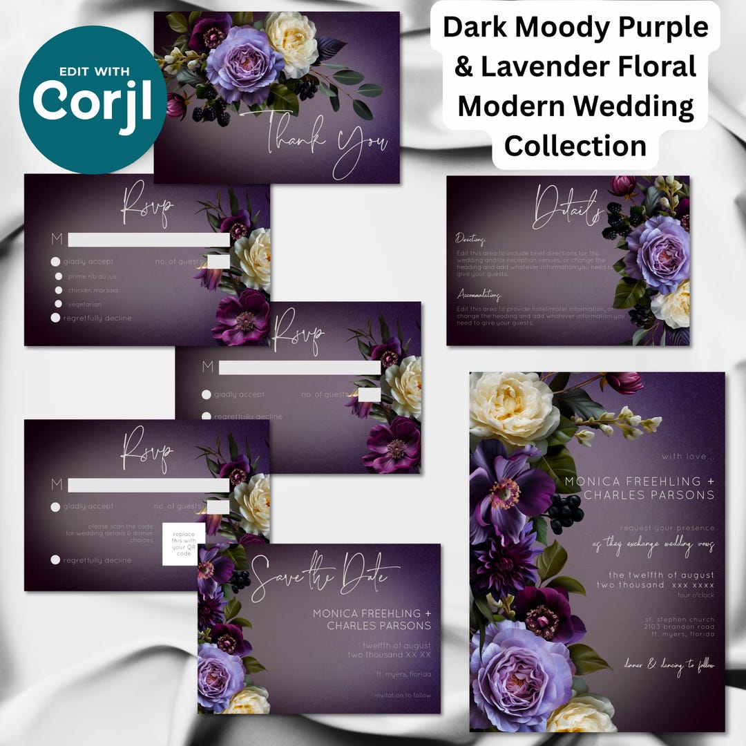 Dark Moody Purple & Lavender Floral Modern Wedding Suite Collection ...