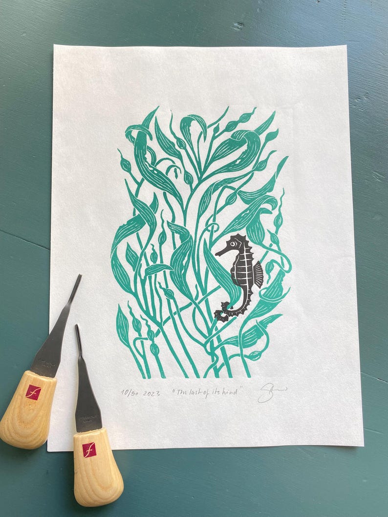 The Last of Its Kind - Handmade Linocut, Seahorse, Underwater World ...