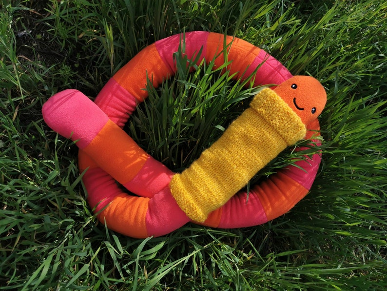 Giant Worm Plush Toy With Knitted Turtleneck Orange-pink - Etsy