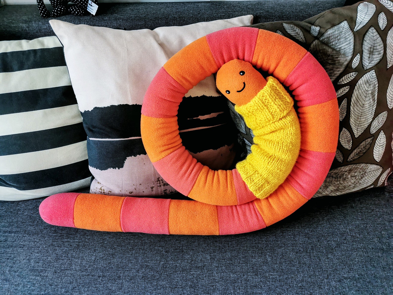 Giant Worm Plush Toy With Knitted Turtleneck Orange-pink - Etsy