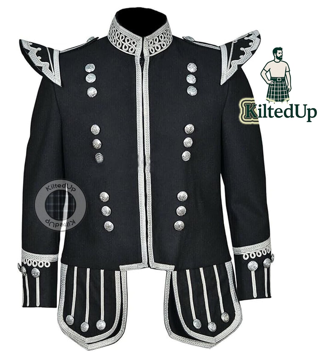 Wool Handmade New Scottish Black Military Piper Drummer Doublet Tunic ...