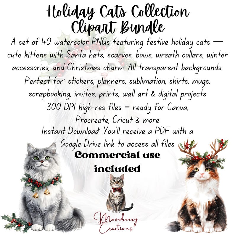 Christmas Kittens Clipart Watercolor Winter Cat PNG Holiday Pets Bundle ...