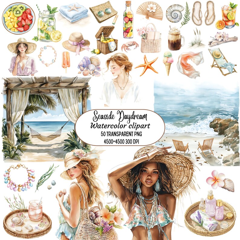 Seaside Watercolor Clipart Summer Beach Png Bundle Coastal Aesthetic ...