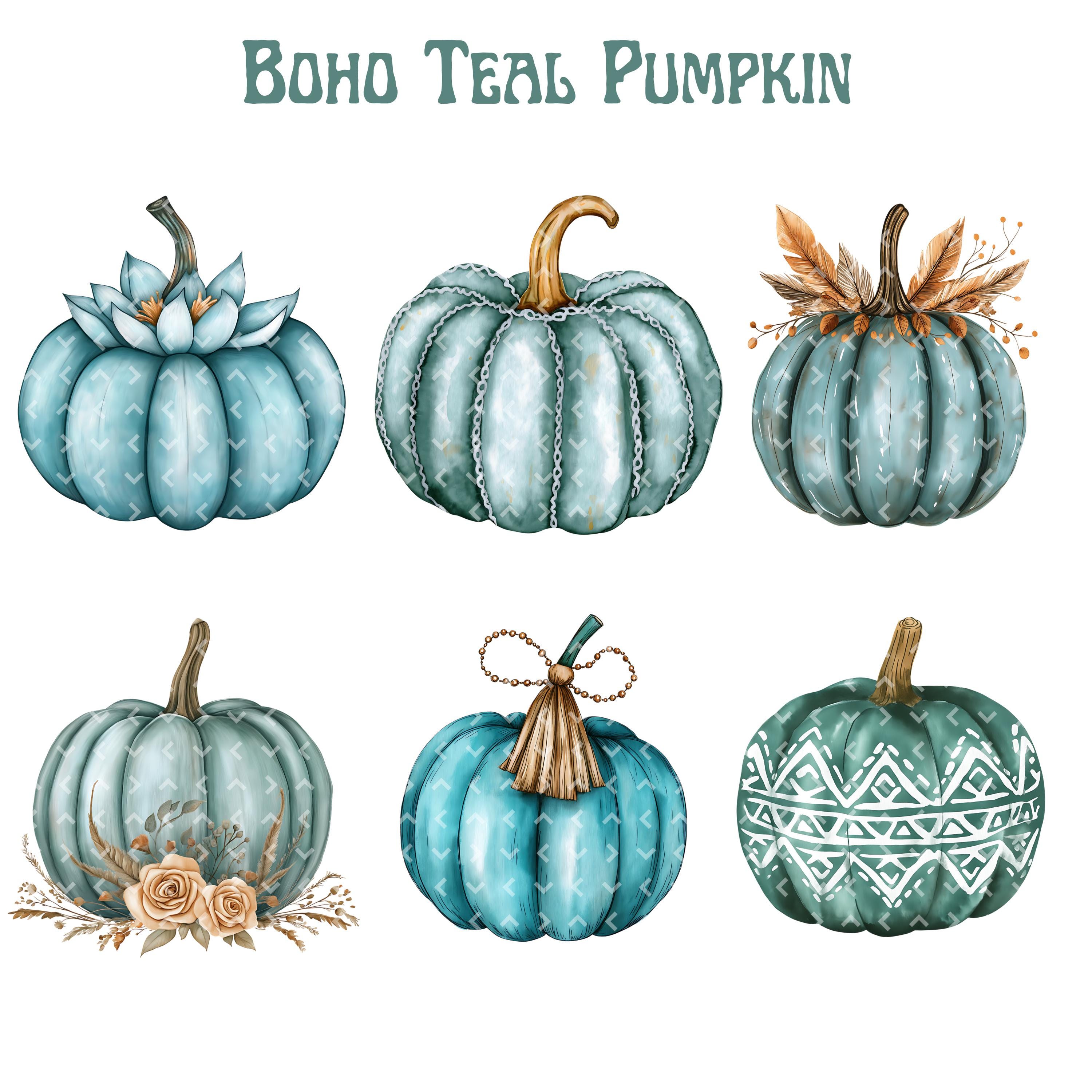 Boho Teal Pumpkin Clipart Bundle Watercolor Fall Png Farmhouse Decor ...