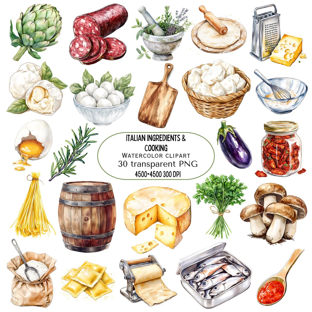 Watercolor Italian Food Clipart Bundle Italian Ingredients Watercolor ...