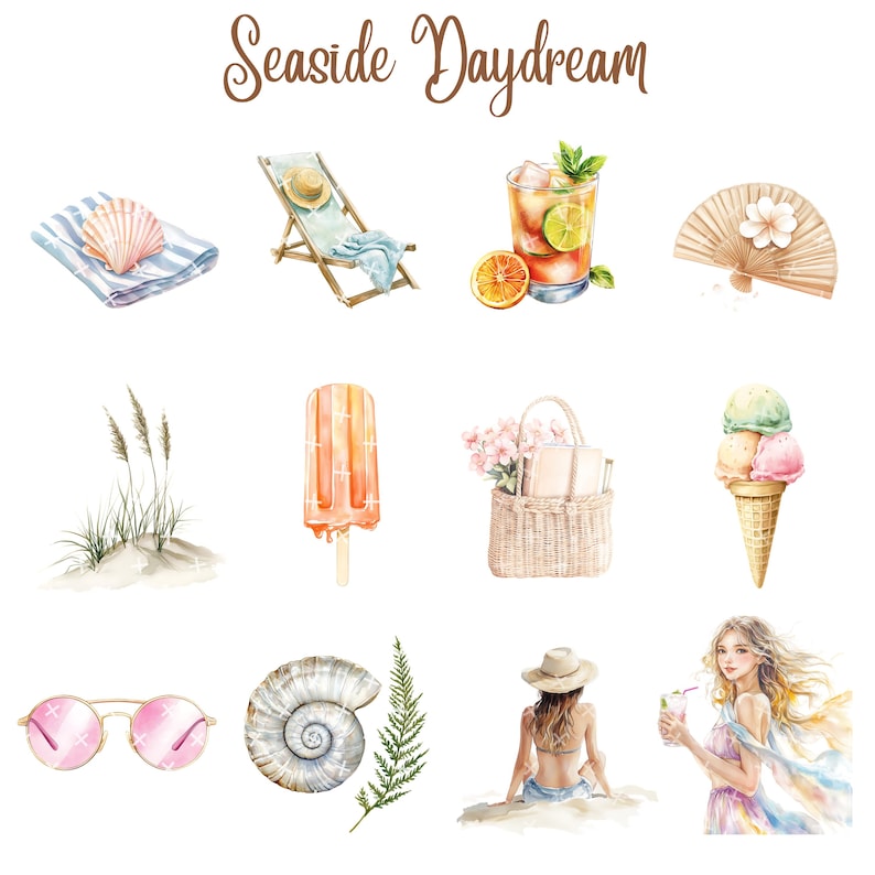 Seaside Watercolor Clipart Summer Beach Png Bundle Coastal Aesthetic ...
