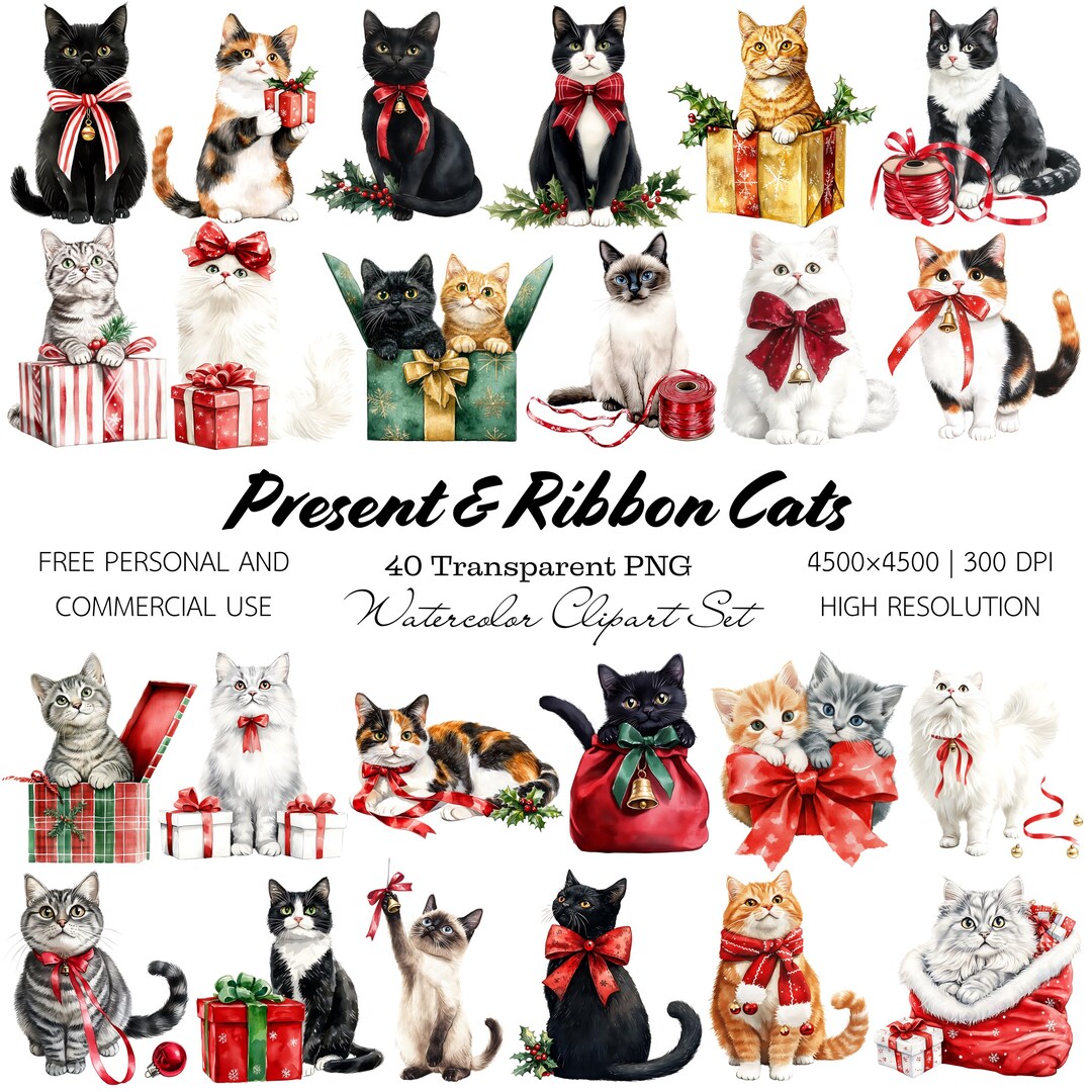 Christmas Kittens Clipart Watercolor Winter Cat PNG Holiday Pets Bundle ...
