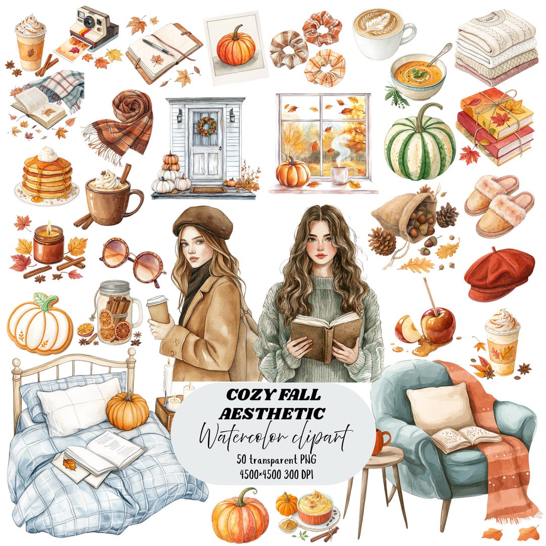 Autumn Aesthetic Clipart Cozy Watercolor Elements Fall Png Set Seasonal ...