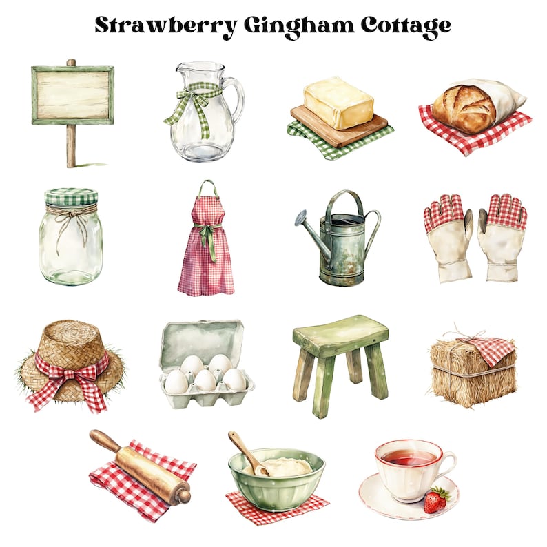 Spring Country Clipart Watercolor Png Bundle Strawberry Cottage Gingham ...