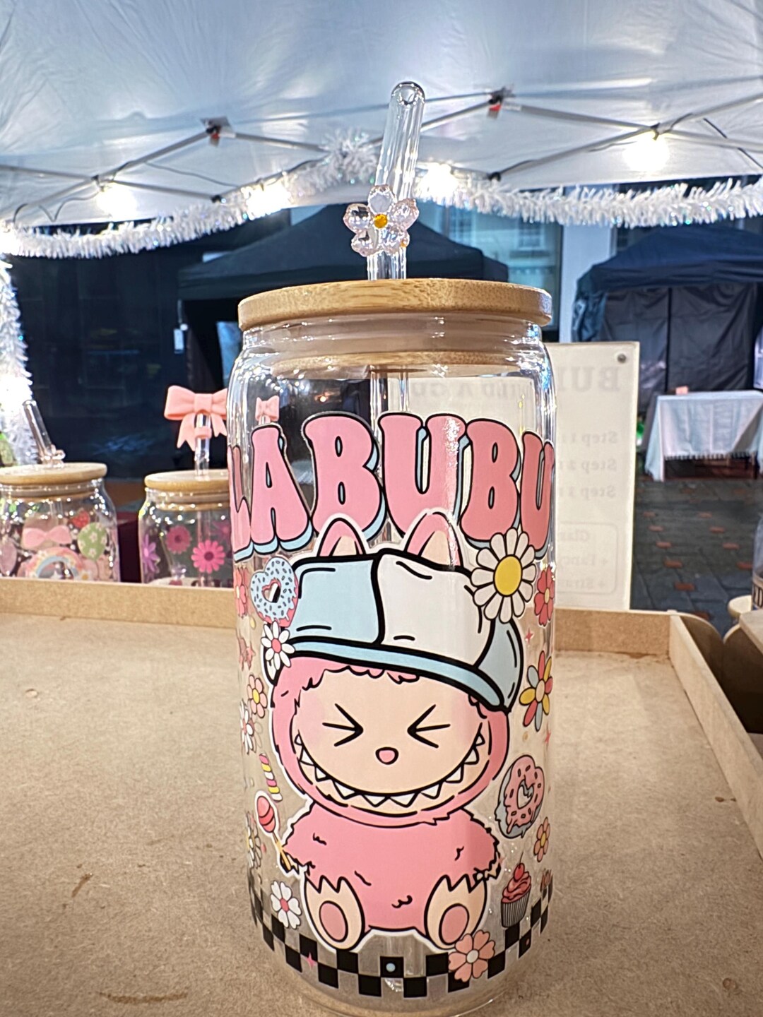 Pink Labubu Glass Can Cute Character UV DTF Wrap Sixteen Ounce Cup With ...