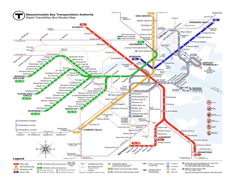 Boston - Map - Metro Map - Print - Poster - MTA - Etsy