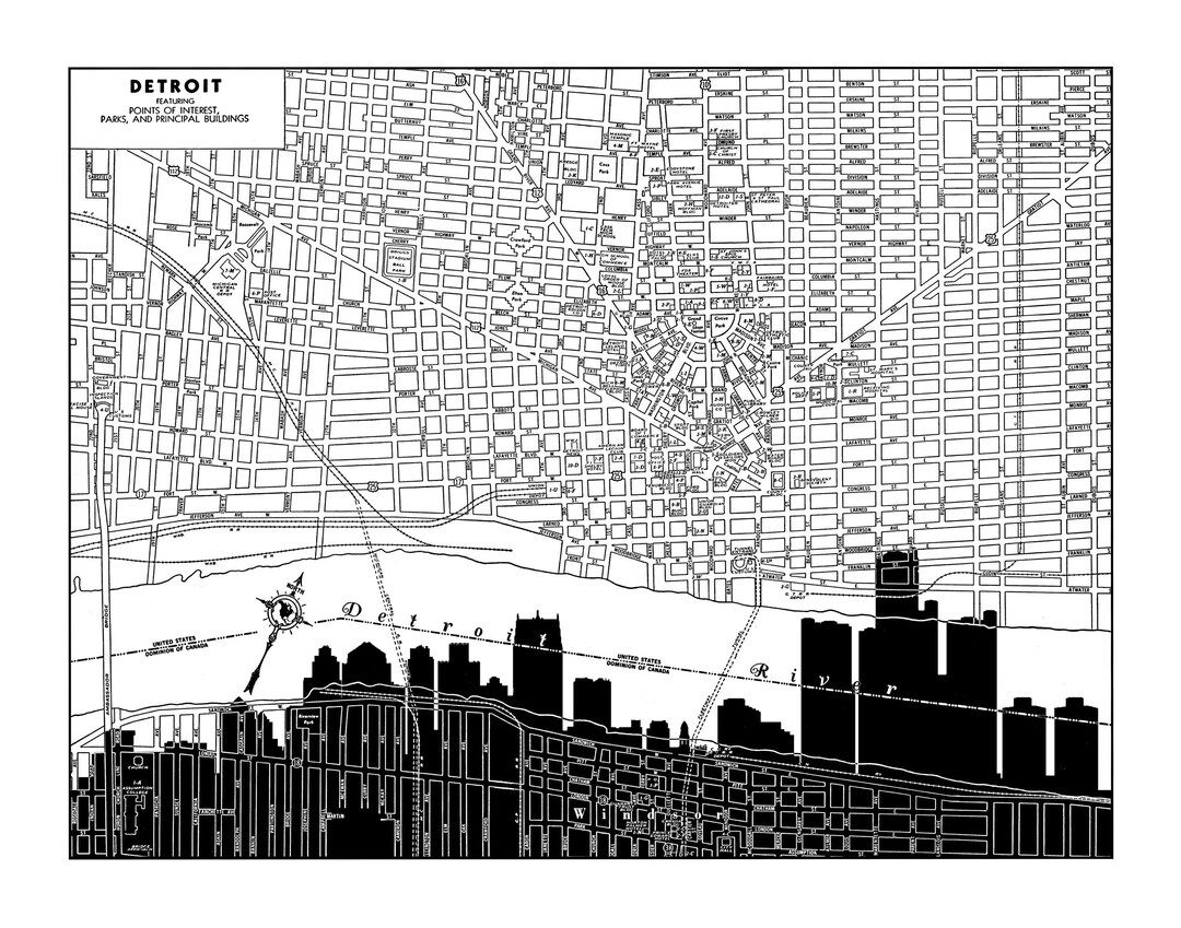 Detroit Map Detroit Skyline Print Poster Vintage - Etsy