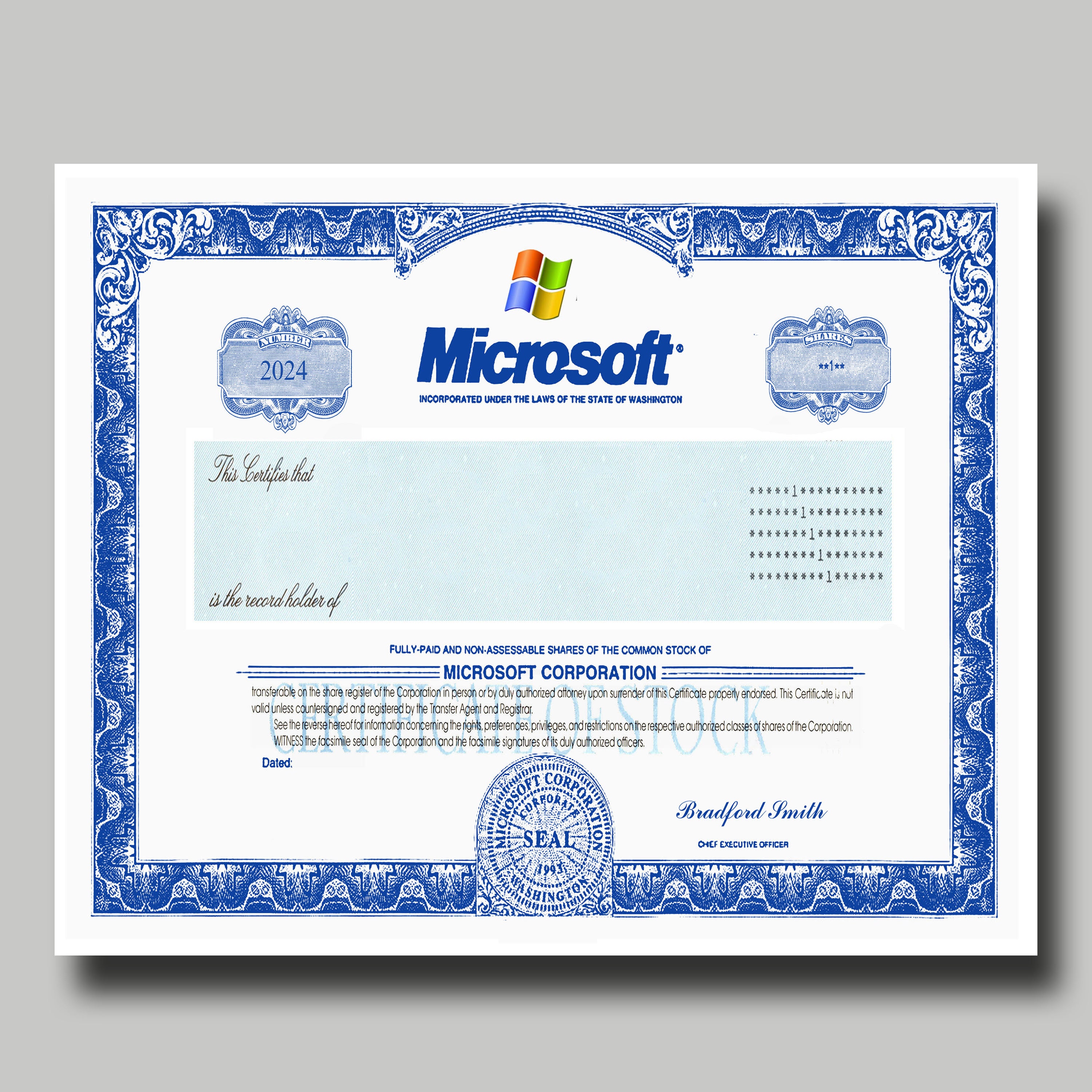 Microsoft Stock Certificate