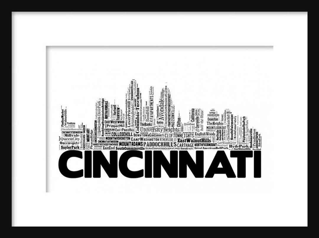 Cincinnati Skyline Typography Print Poster Map Color Black Abd - Etsy