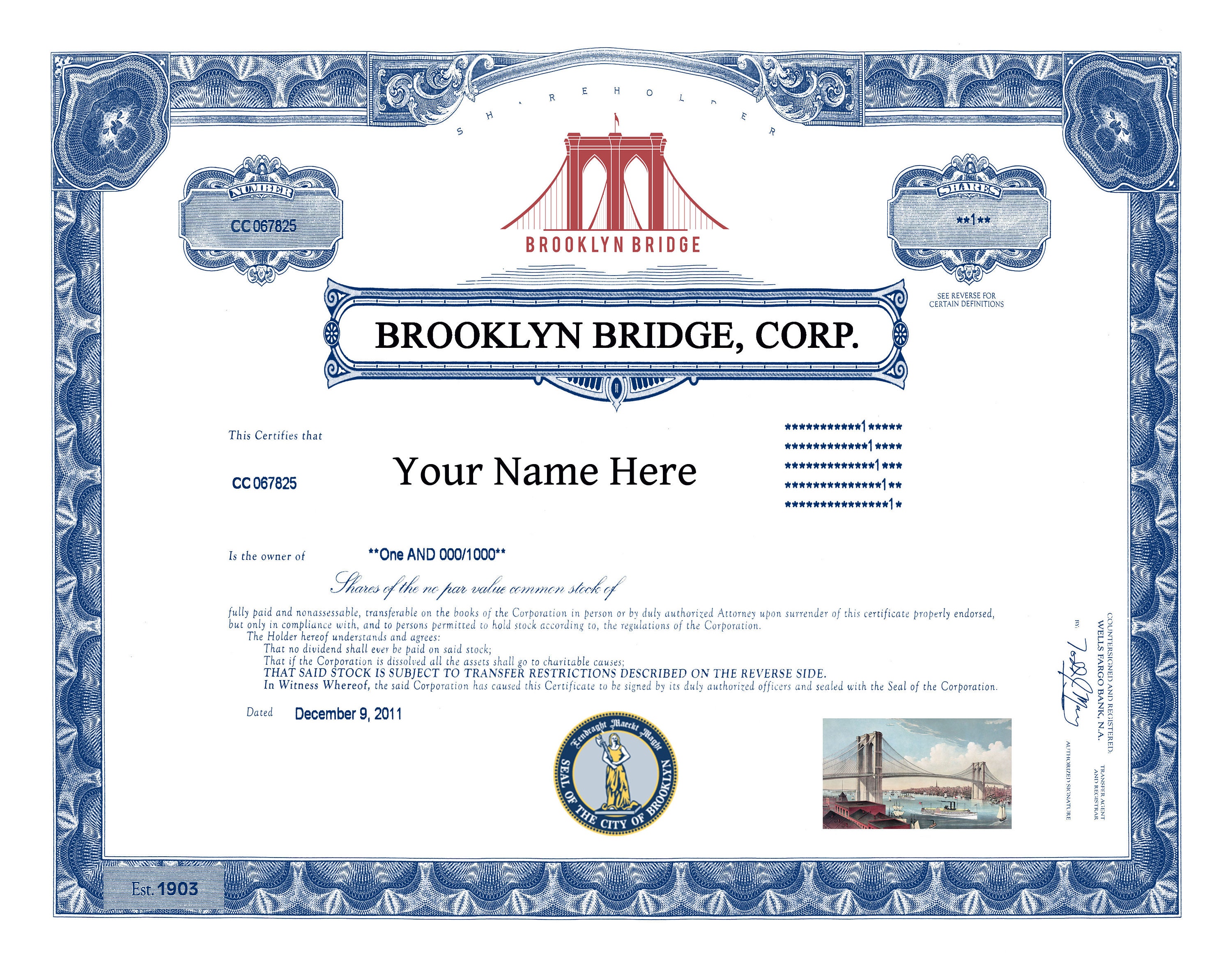 Brooklyn Bridge Stock Certificate Custom New York - Etsy