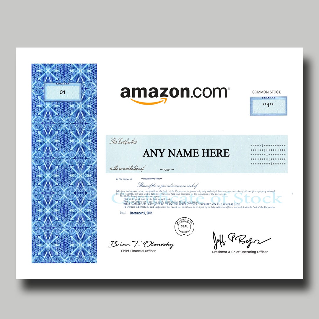 Amazon - Stock Certificate - Custom - Etsy