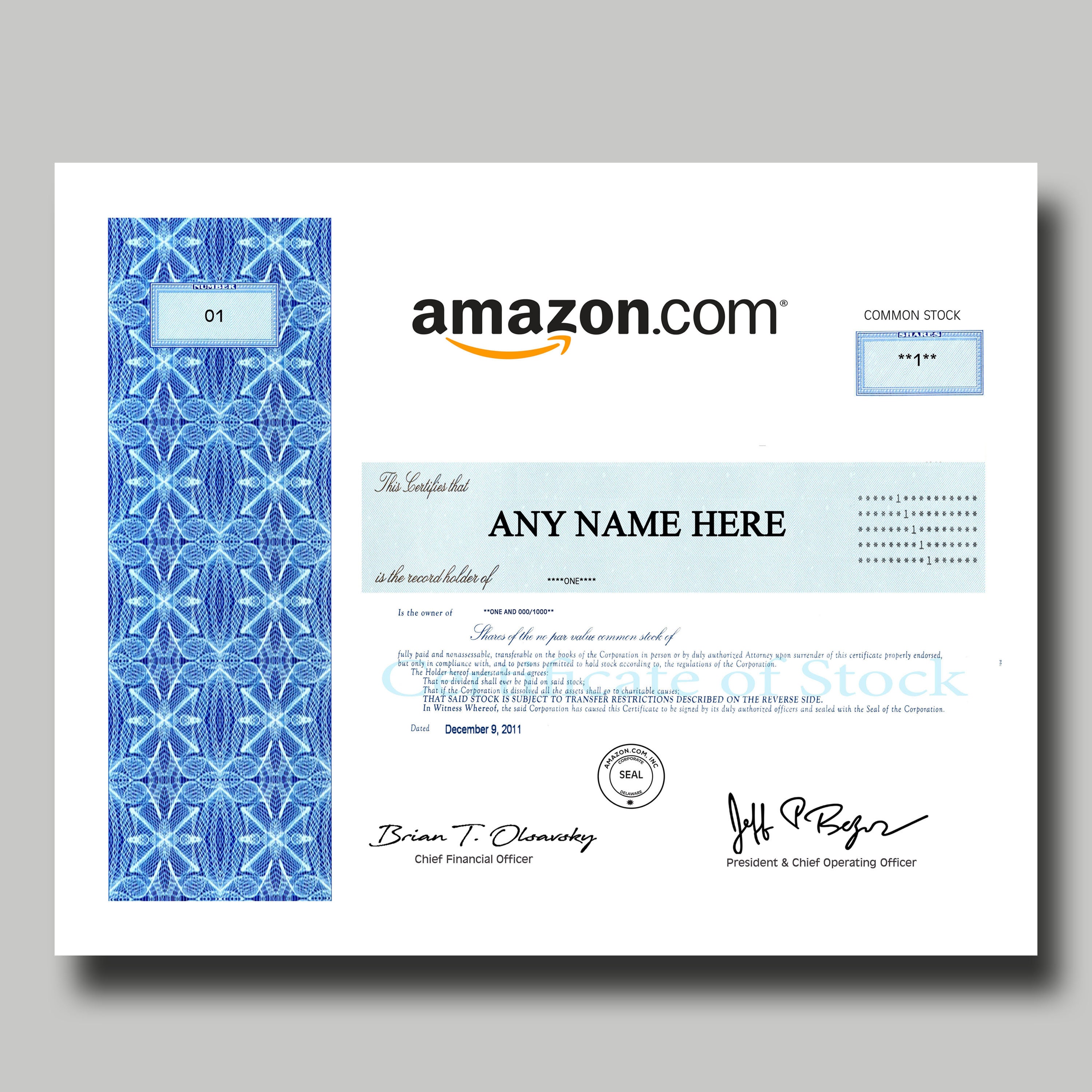 Amazon Stock Certificate Custom Etsy