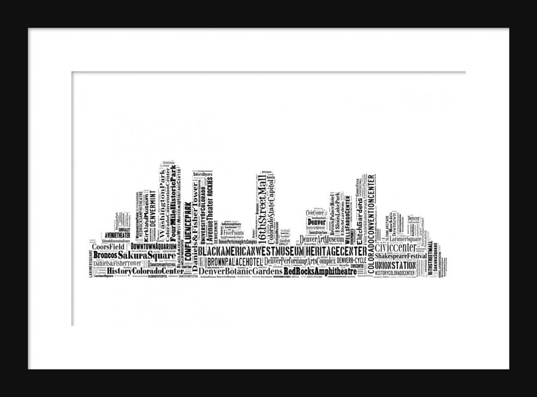 Denver Skyline Tipografía de Word Art en blanco y negro Impresión ...