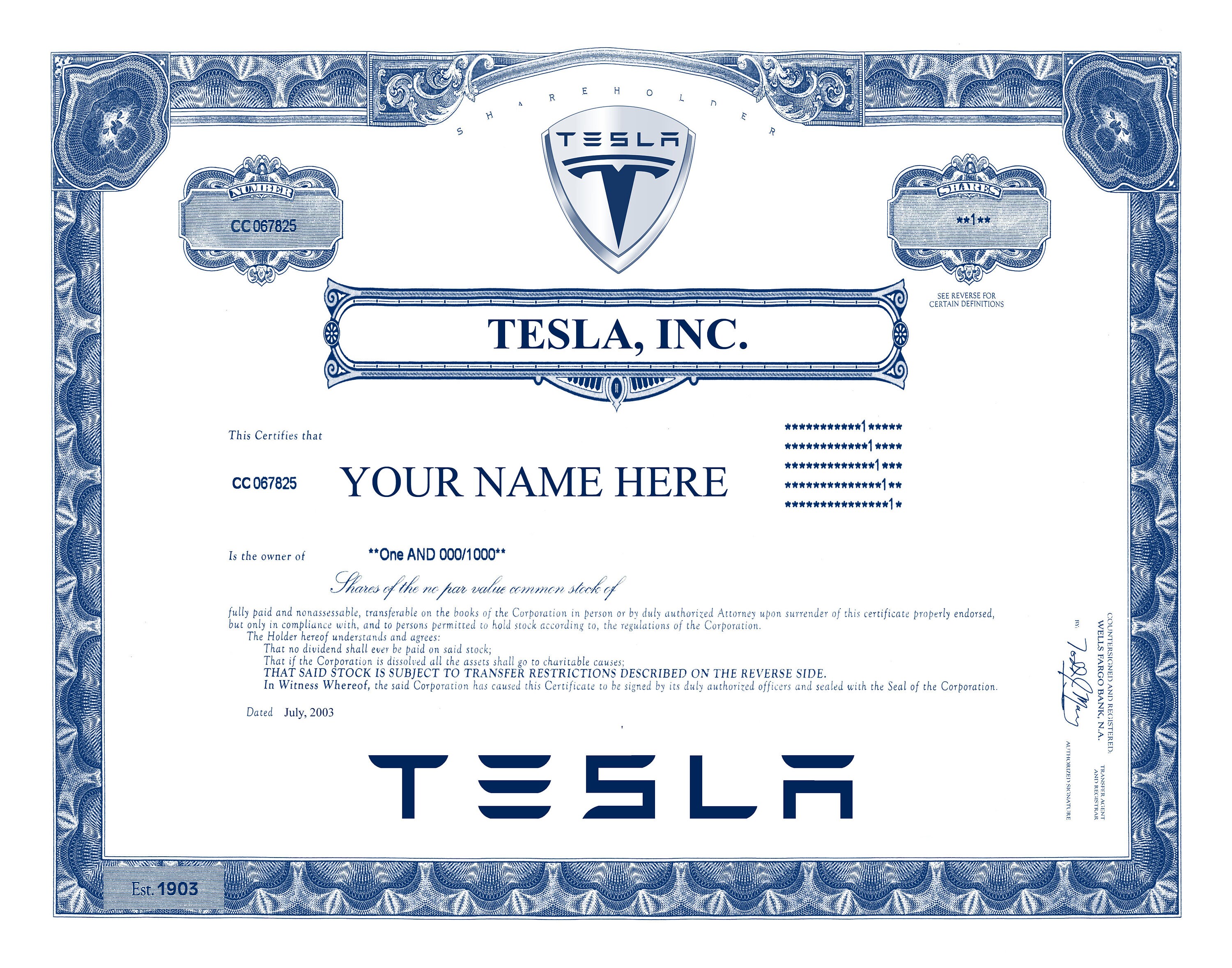 Tesla Motors Stock Certificate Custom Tesla Faux Stock Etsy Australia