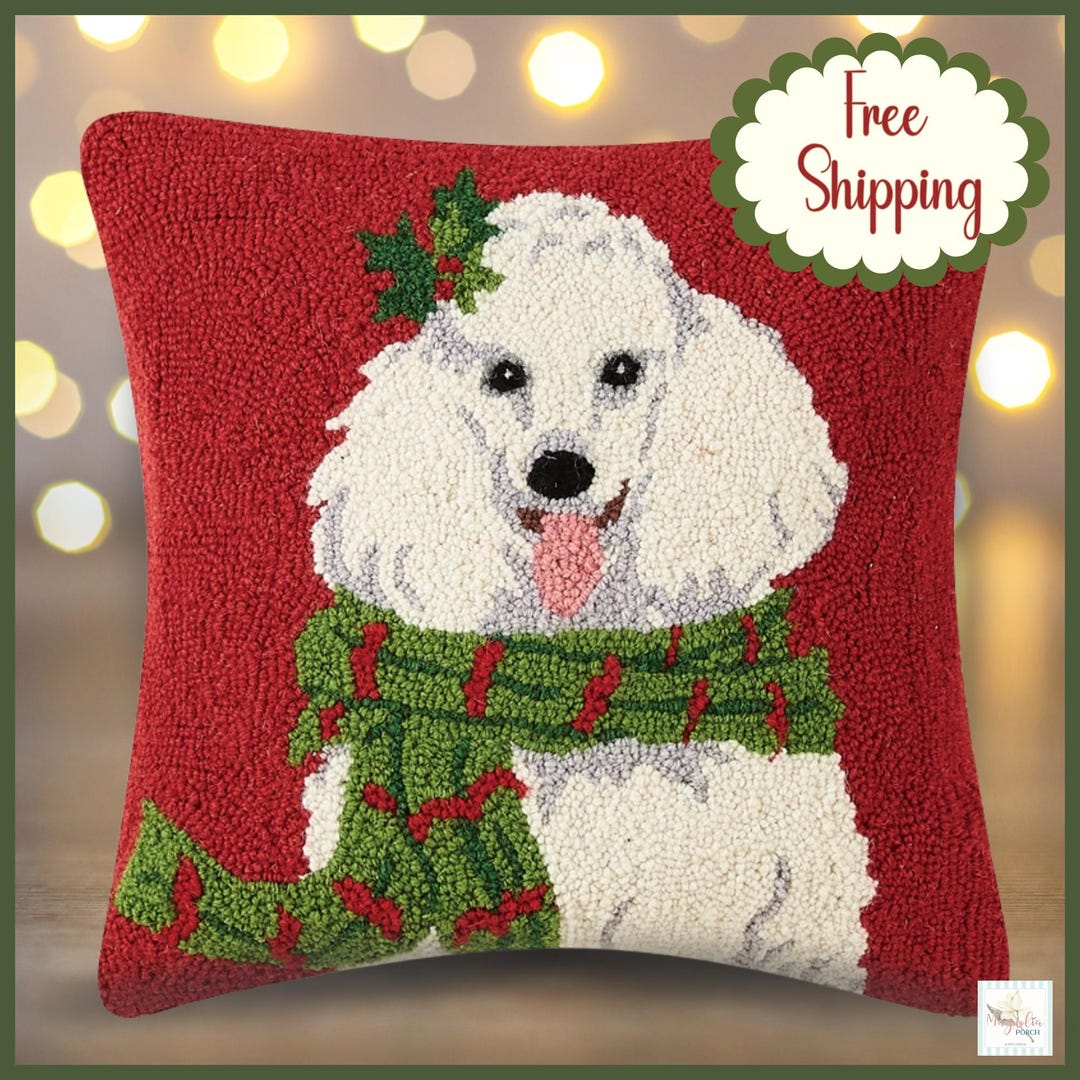 White Poodle Christmas Pillow, Hooked Wool Dog Cushion, Holiday Home ...
