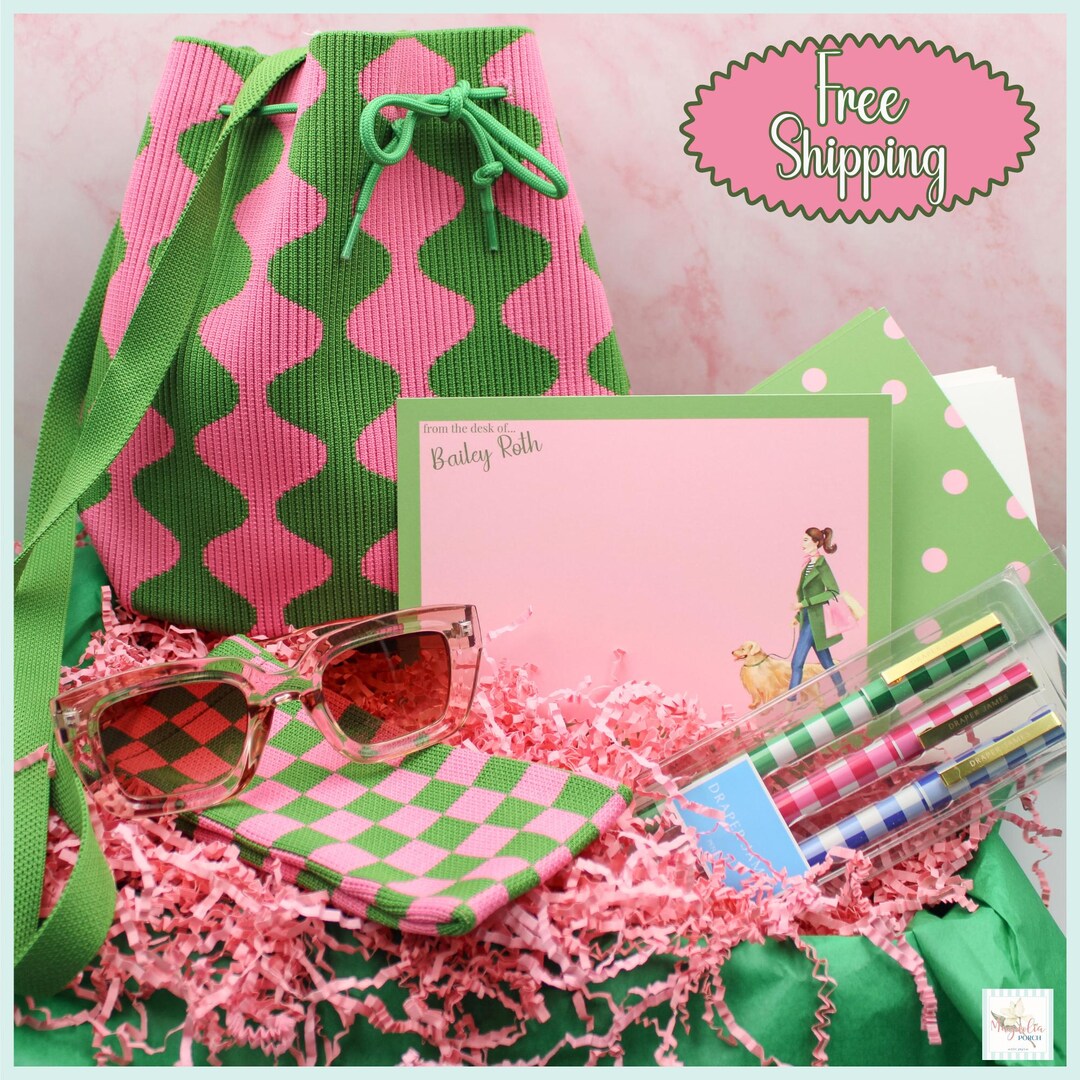 Preppy Pink & Green Gift Box Personalized Stationery With Golden ...