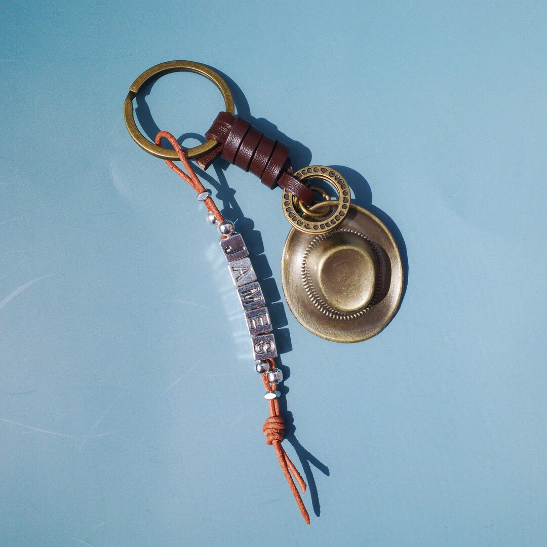 Custom Cowboy Keyring With Name – Leather & Brass Hat Charm ...