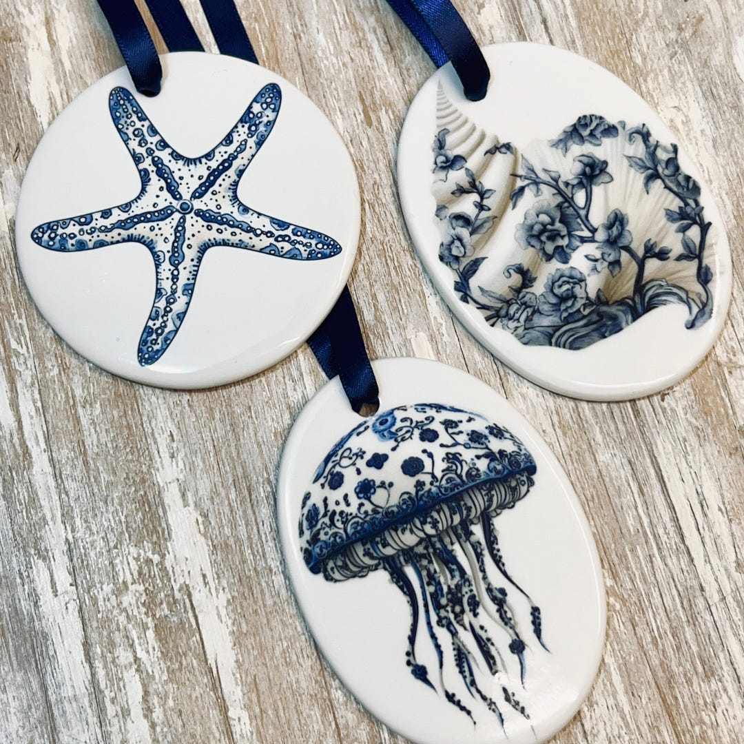 Seashell Jellyfish Starfish Chinoiserie Christmas Ornaments Shell ...